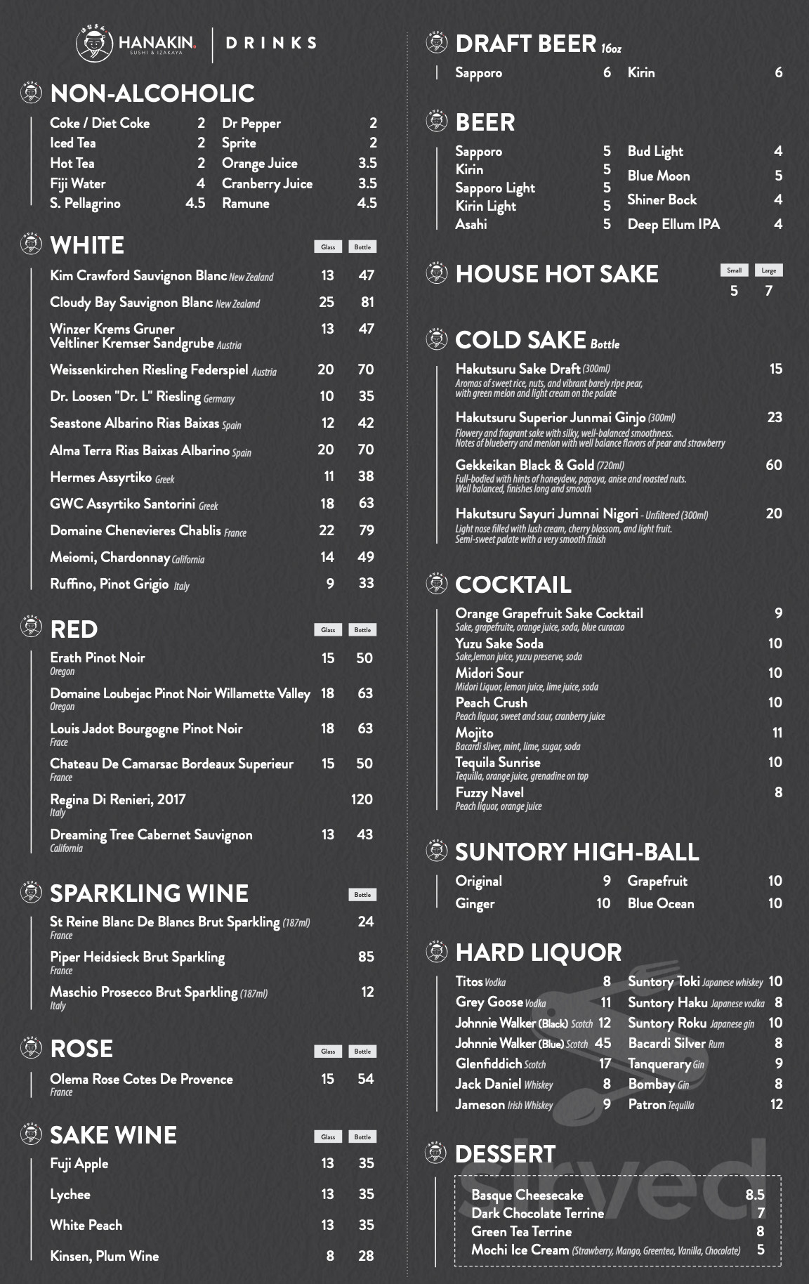 Menu for Hanakin Japanese Restaurant & Bar in Plano, TX | Sirved