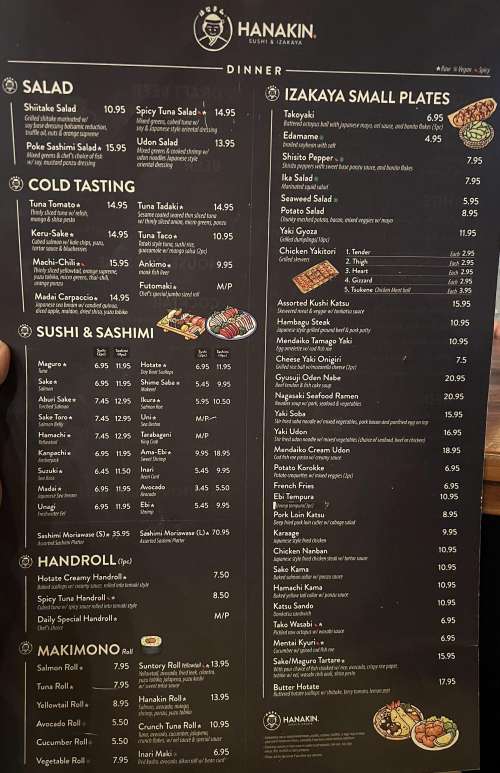 Hanakin Japanese Restaurant & Bar menu in Plano, Texas, USA