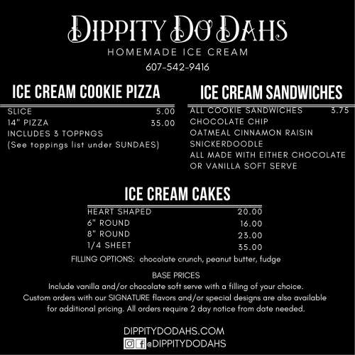 Dippity Do Dahs Homemade Ice Cream menu in Corning, New York, USA