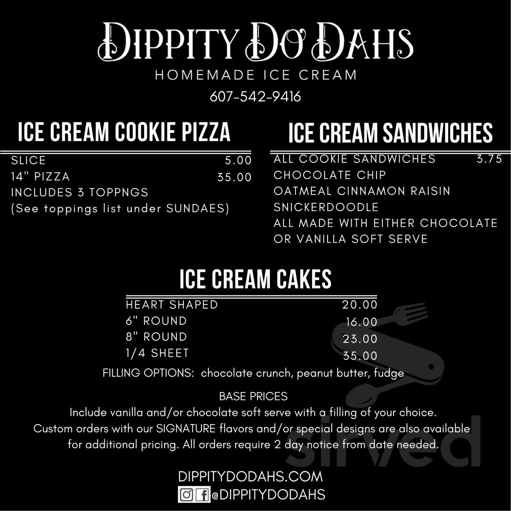 Dippity Do Dahs Homemade Ice Cream menu in Corning, New York, USA