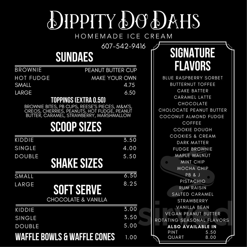 Dippity Do Dahs Homemade Ice Cream menu in Corning, New York, USA