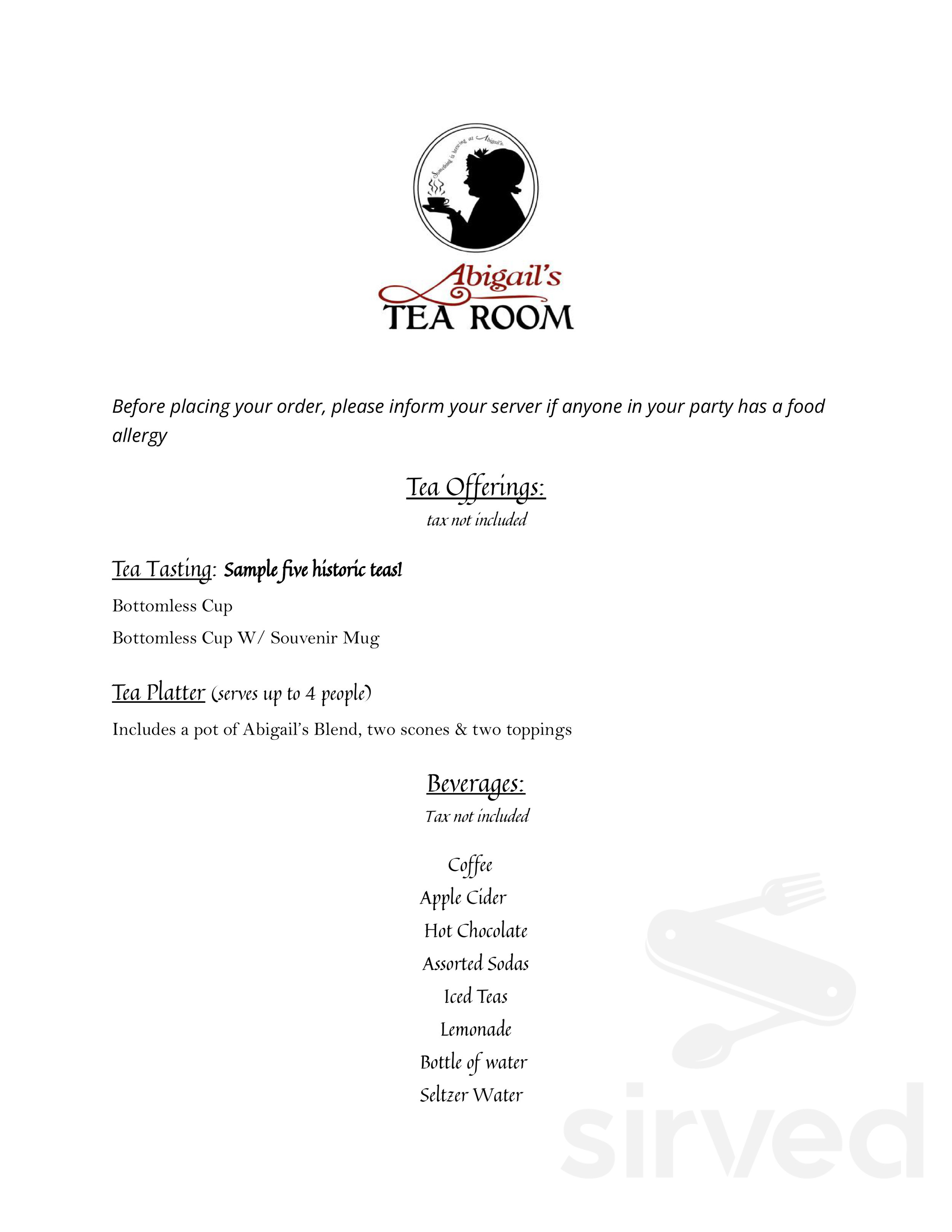 Abigail's Tea Room menu in Boston, Massachusetts, USA