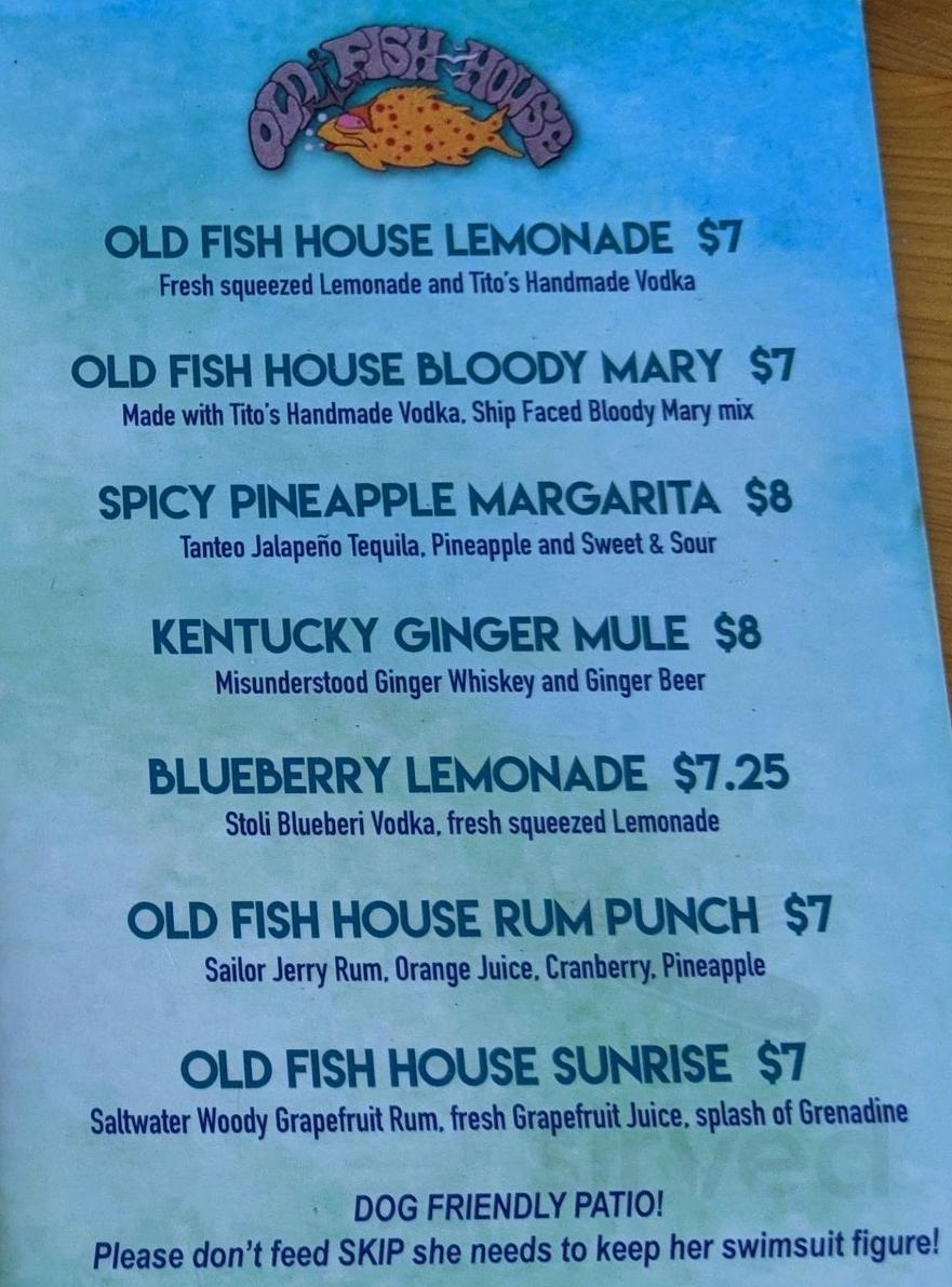 Old Fish House menu in Huron, Ohio, USA