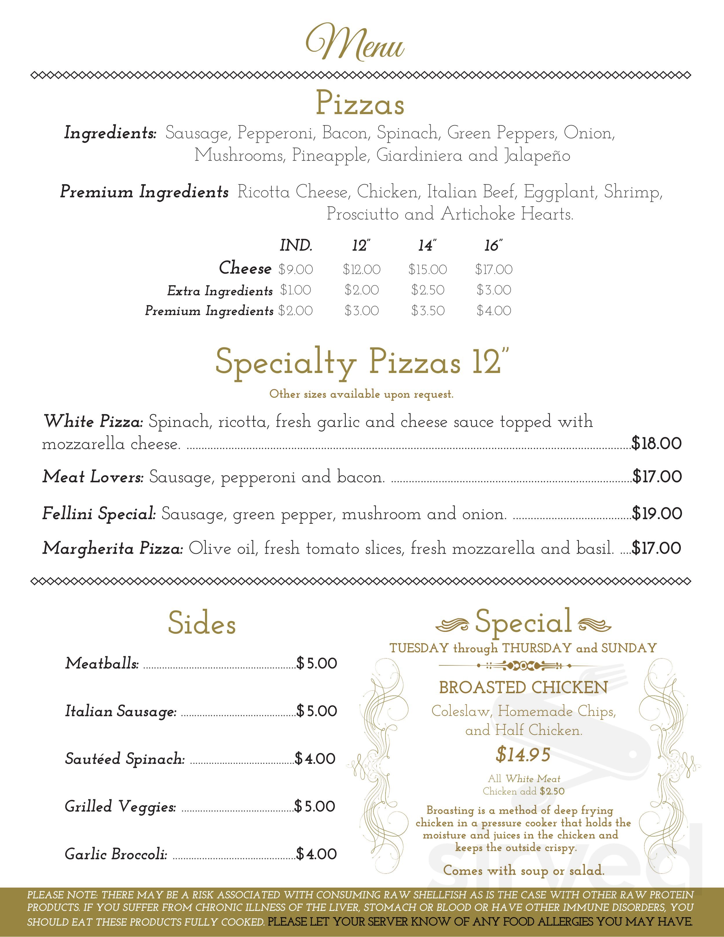 Fellini Restaurant & Pizzeria menu in Mt Prospect, Illinois, USA
