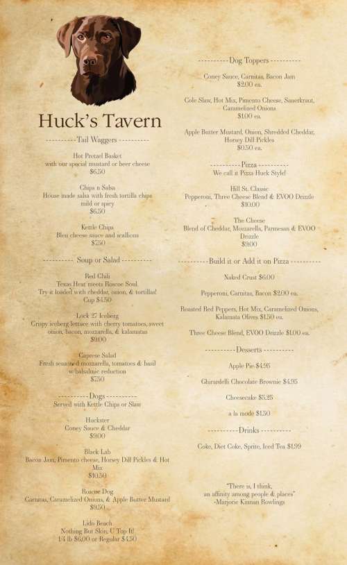 Huck's Tavern menu in Coshocton, Ohio, USA
