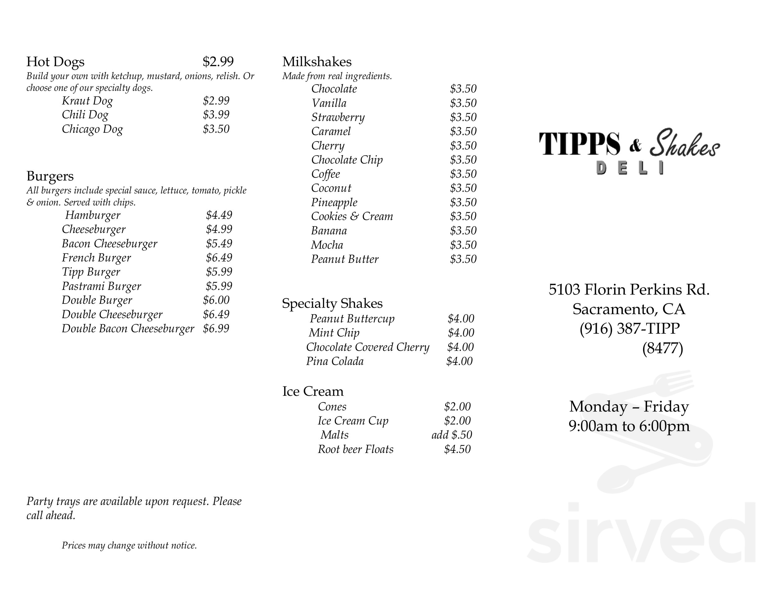 Tipps & Shakes menu in Sacramento, California, USA