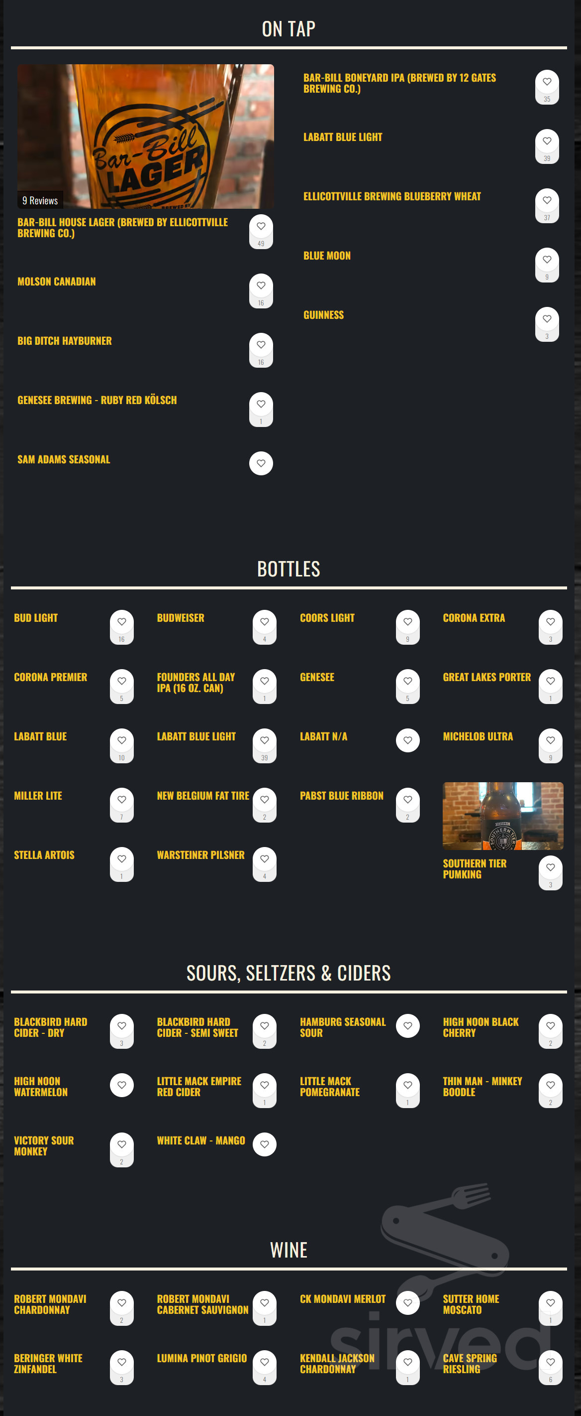 Bar-Bill Tavern menu in East Aurora, New York, USA