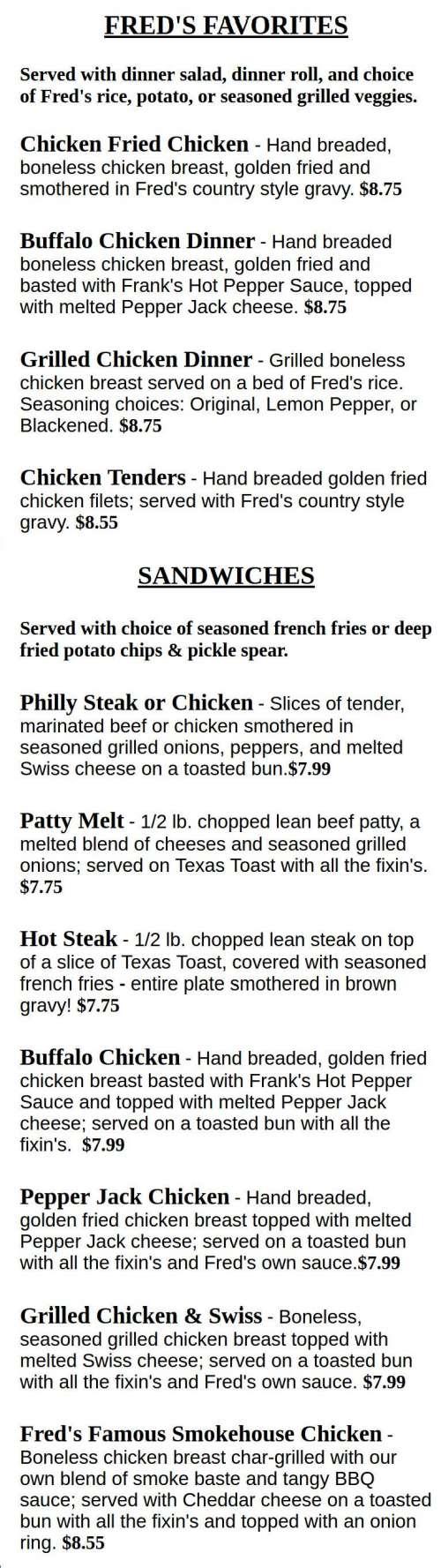 Fred's Steakhouse & Saloon menu in Altus, Oklahoma, USA