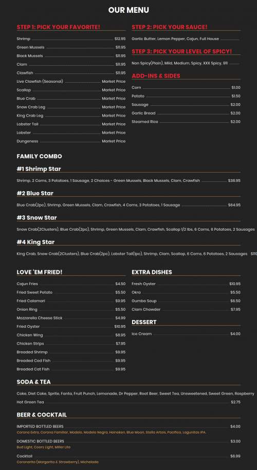 Star Crab menu in Pico Rivera, California, USA