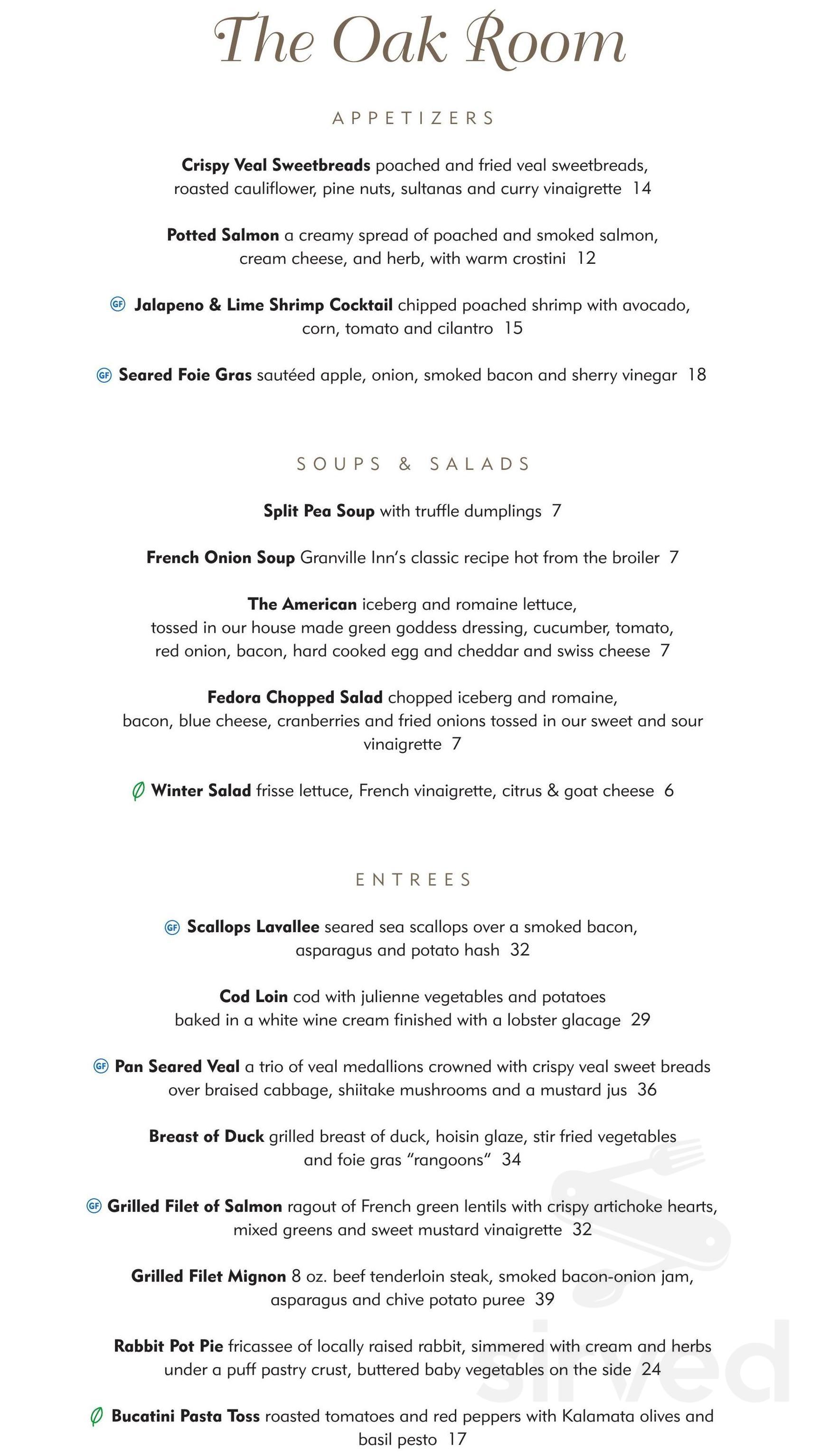 The Restaurant at The Granville Inn menu in Granville, Ohio, USA