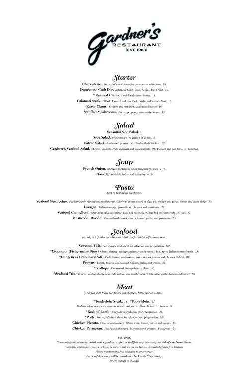 Gardner's Restaurant menu in Olympia, Washington, USA