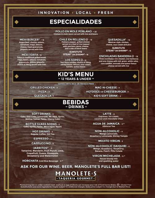 Manolete's Taqueria Gourmet menu in Winchester, Virginia, USA