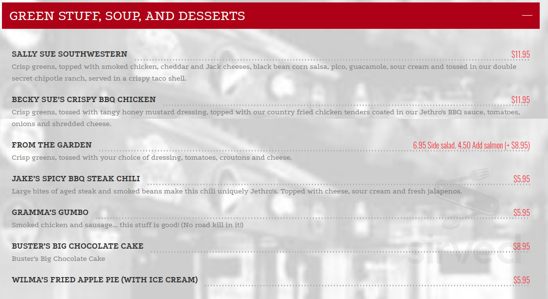 Jethro’s BBQ n’ LakeHouse menus in Ankeny, Iowa, United States