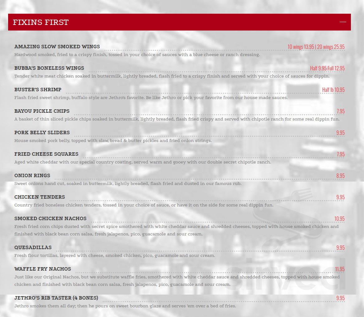 Jethro’s BBQ n’ LakeHouse menus in Ankeny, Iowa, United States