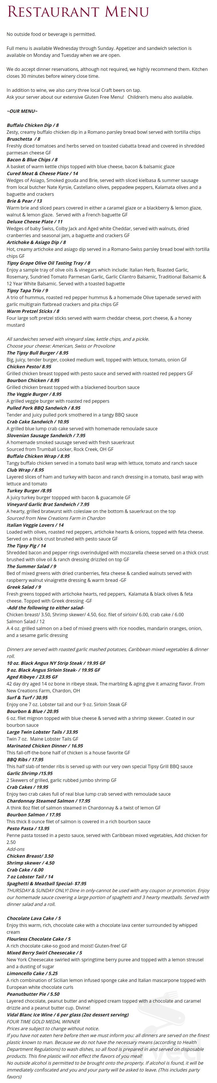 Grand River Cellars menu in Madison, Ohio, USA