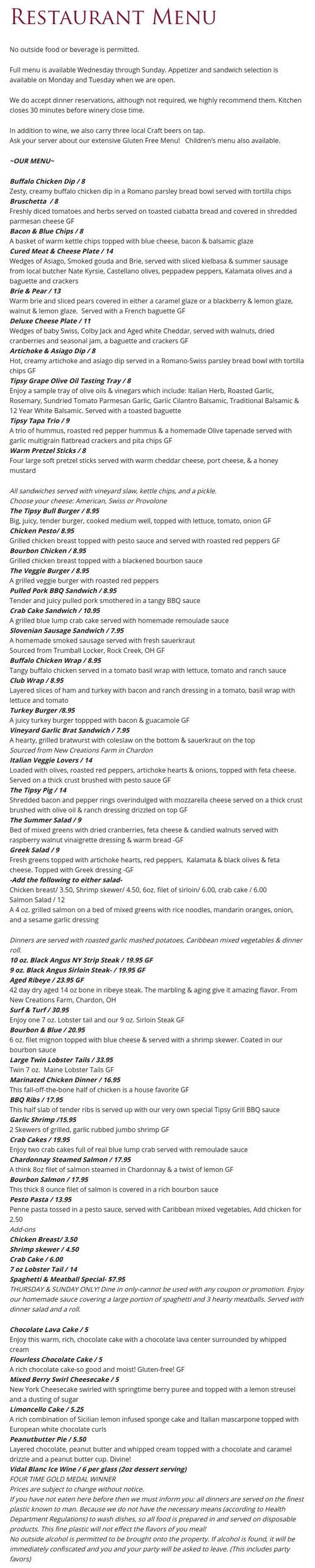 Grand River Cellars menu in Madison, Ohio, USA