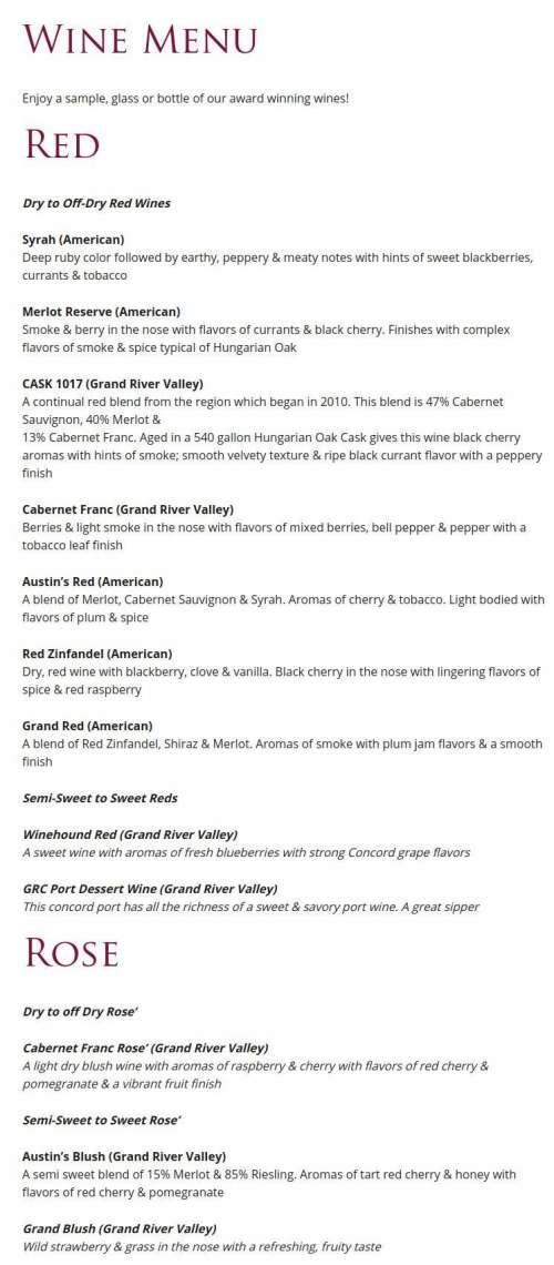Grand River Cellars menu in Madison, Ohio, USA