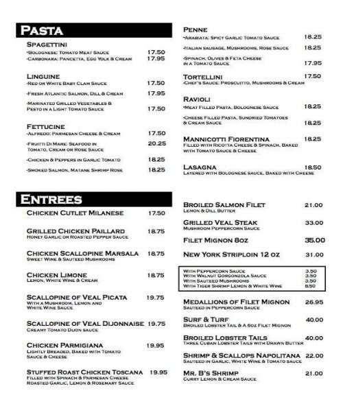 Mr. B's Osteria menu in Ottawa, Ontario, Canada