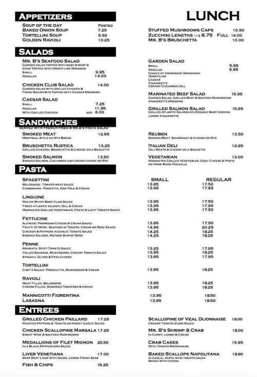 Mr. B's Osteria menu in Ottawa, Ontario, Canada
