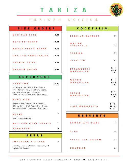 Takiza Mexican Cuisine menu in Oshkosh, Wisconsin, USA