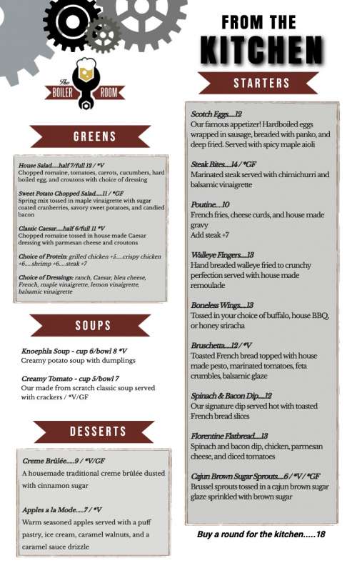 The Boiler Room menu in Fargo, North Dakota, USA