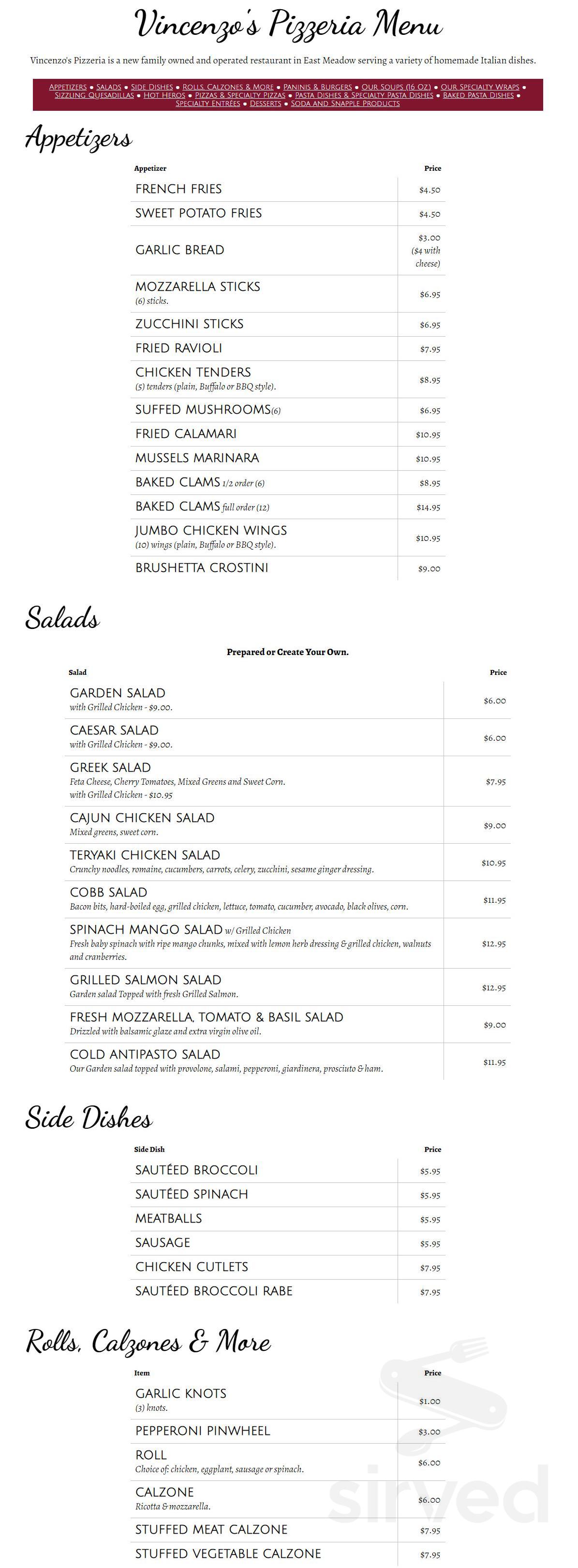 Vincenzo's of East Meadow menu in East Meadow, New York, USA