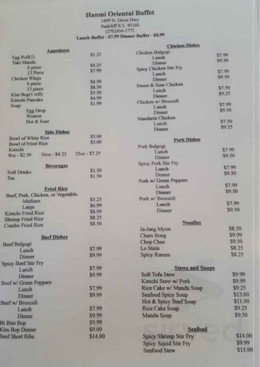 Han Mi Oriental Buffet menu in Radcliff, Kentucky, USA