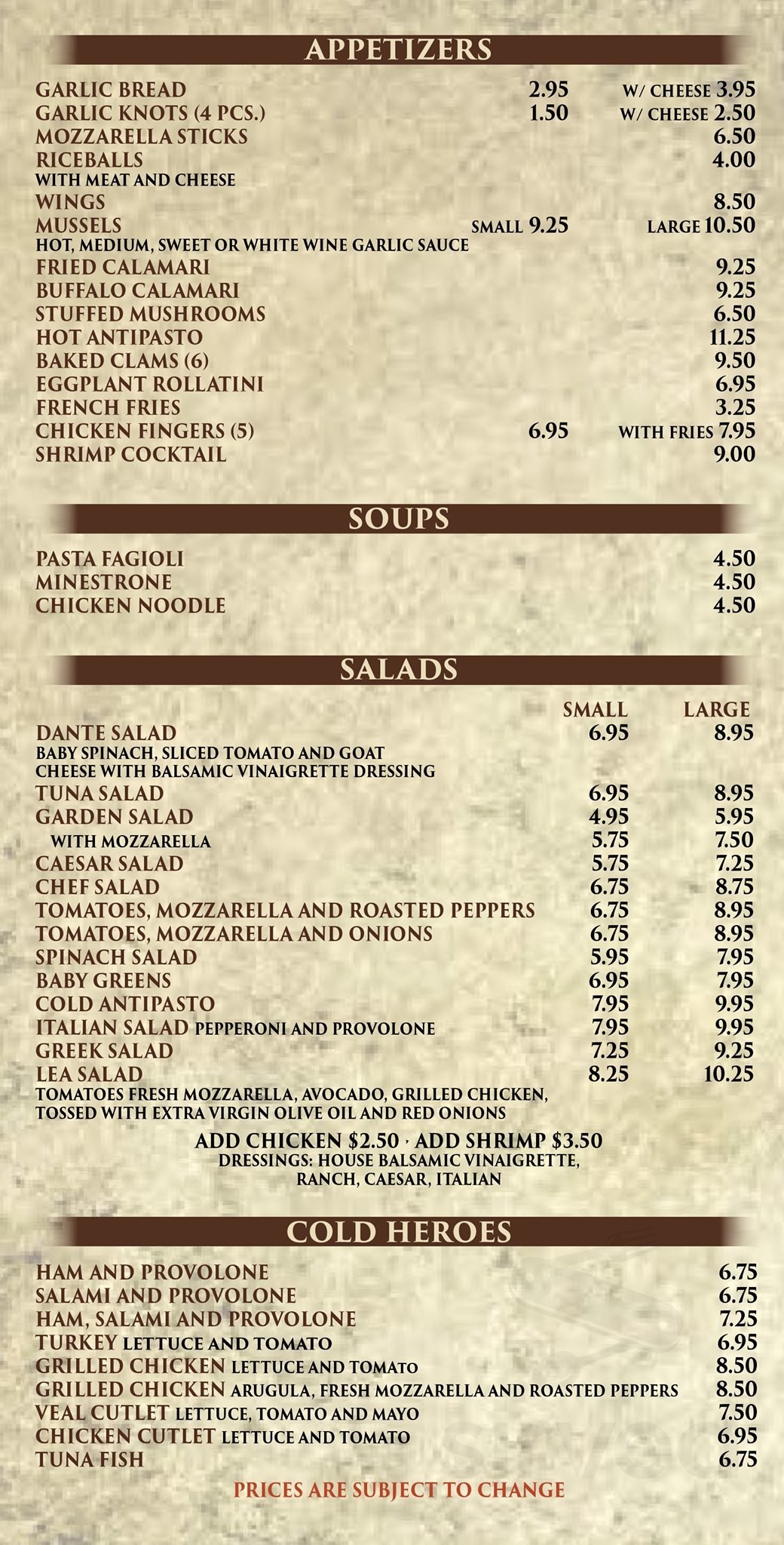 Dante's menu in Cresskill, New Jersey, USA