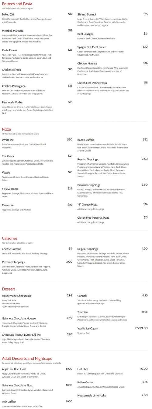 Fat Tony's Italian Pub menu in Wilmington, North Carolina, USA