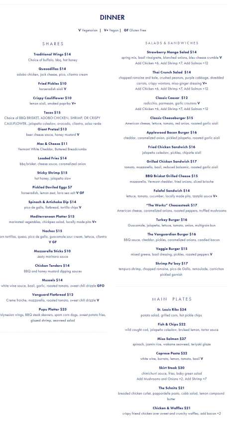 The Vanguard menu in Harrison, New Jersey, USA