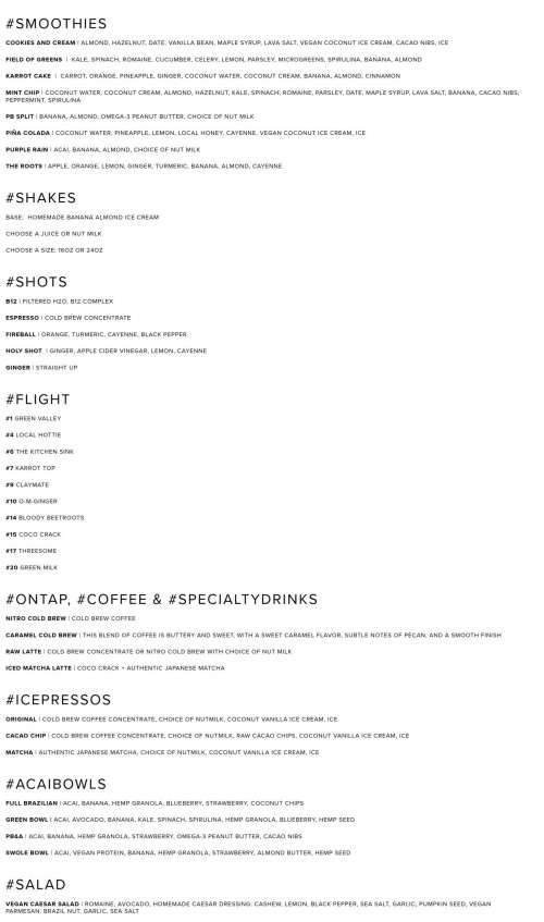 Pressed For Juice menu in Las Vegas, Nevada, USA