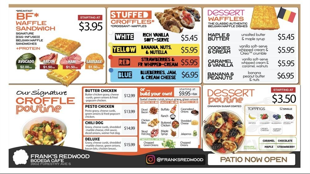 Frank's Redwood Croffle Café menu in Lethbridge, Alberta, Canada
