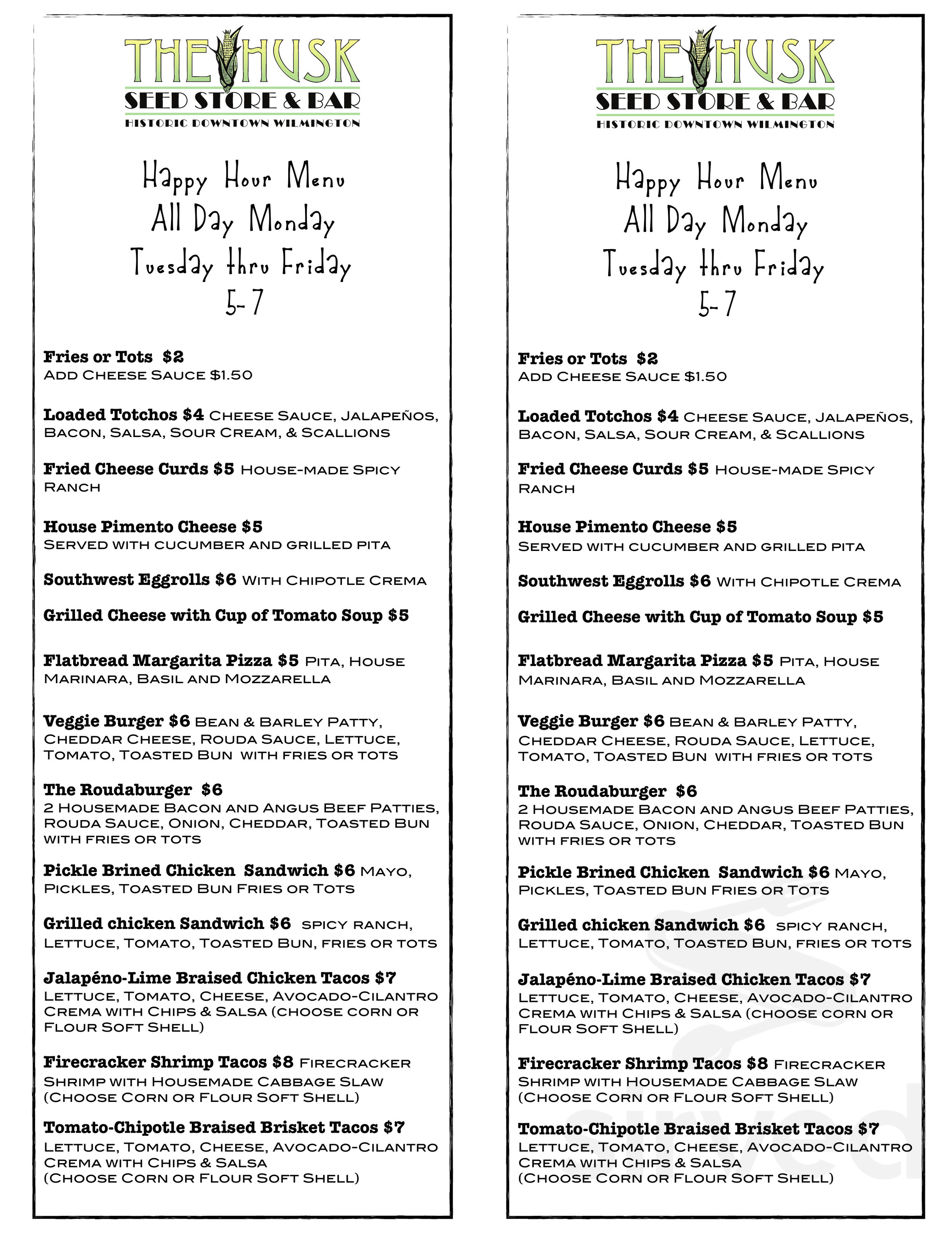 The Husk menu in Wilmington, North Carolina, USA