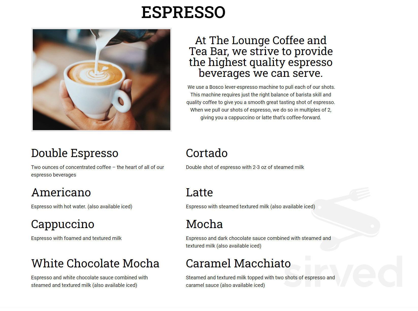 The Lounge Coffee and Tea Bar menu in Frisco, Texas, USA