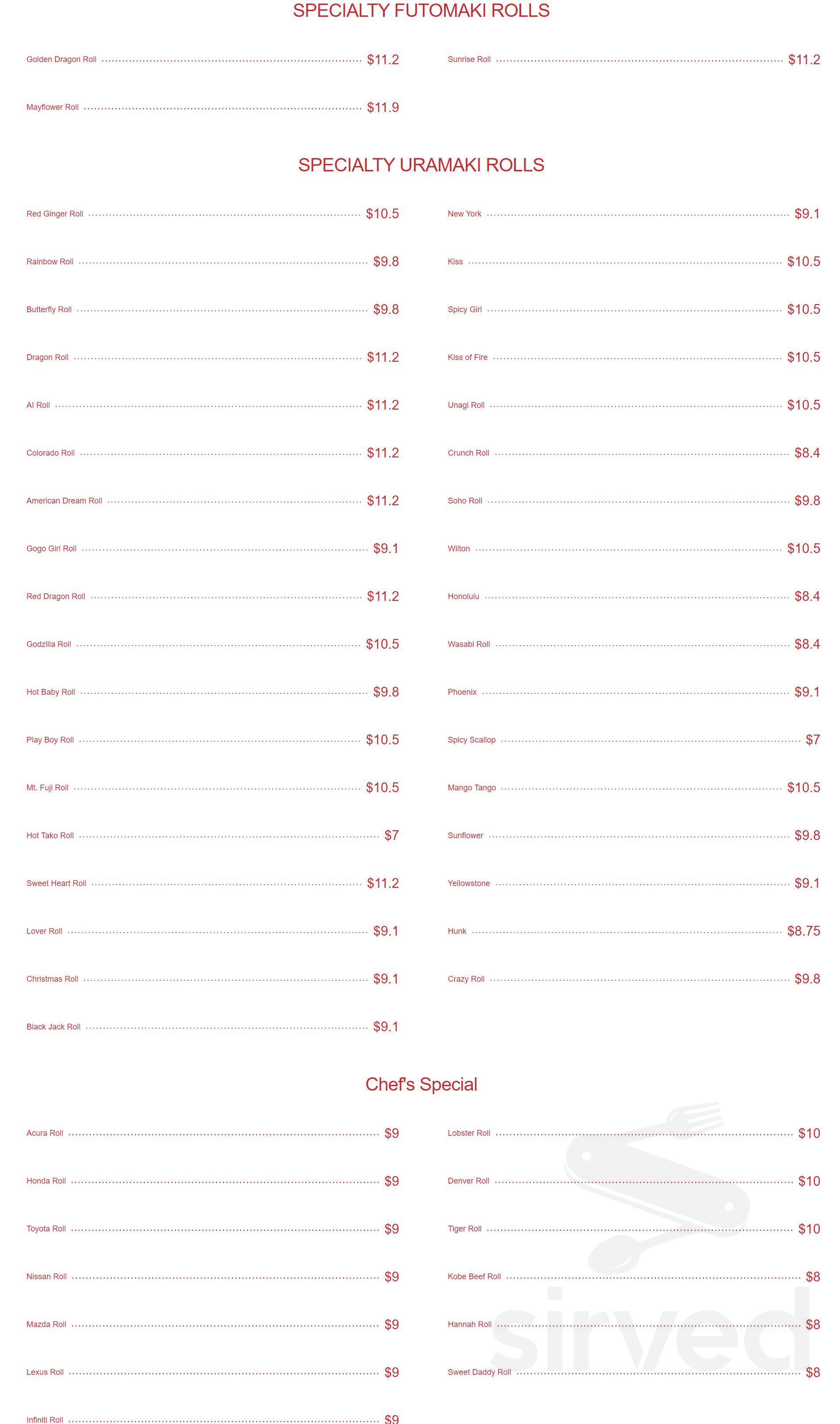 Red Ginger menu in Denver, Colorado, USA