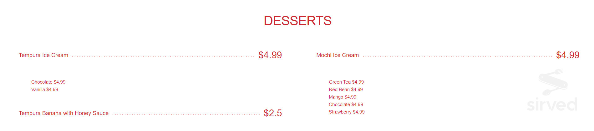 Red Ginger menu in Denver, Colorado, USA