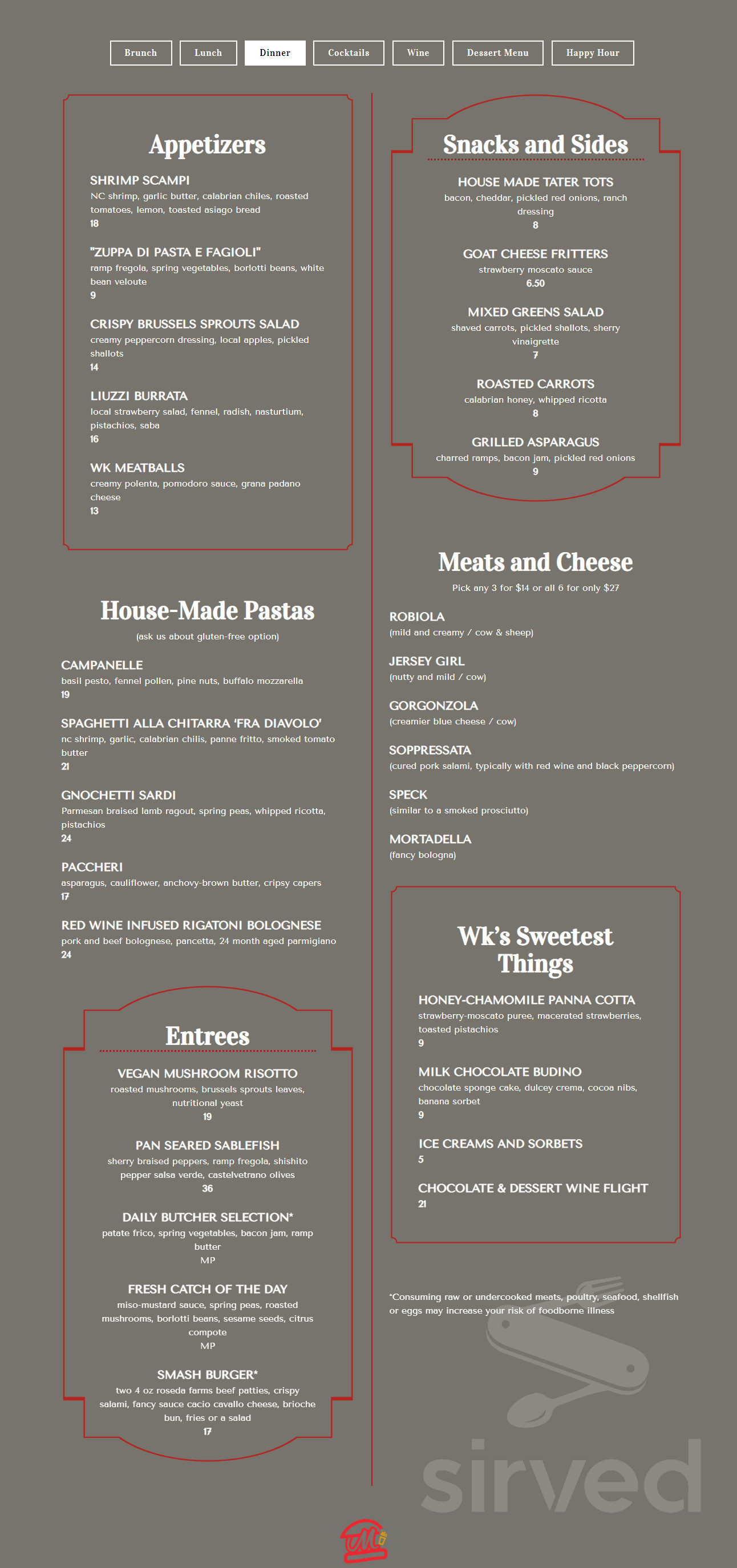 the Wine Kitchen on the Creek menu in Frederick, Maryland, USA