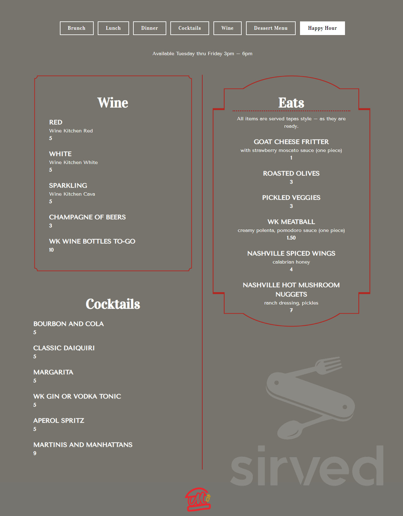 the Wine Kitchen on the Creek menu in Frederick, Maryland, USA