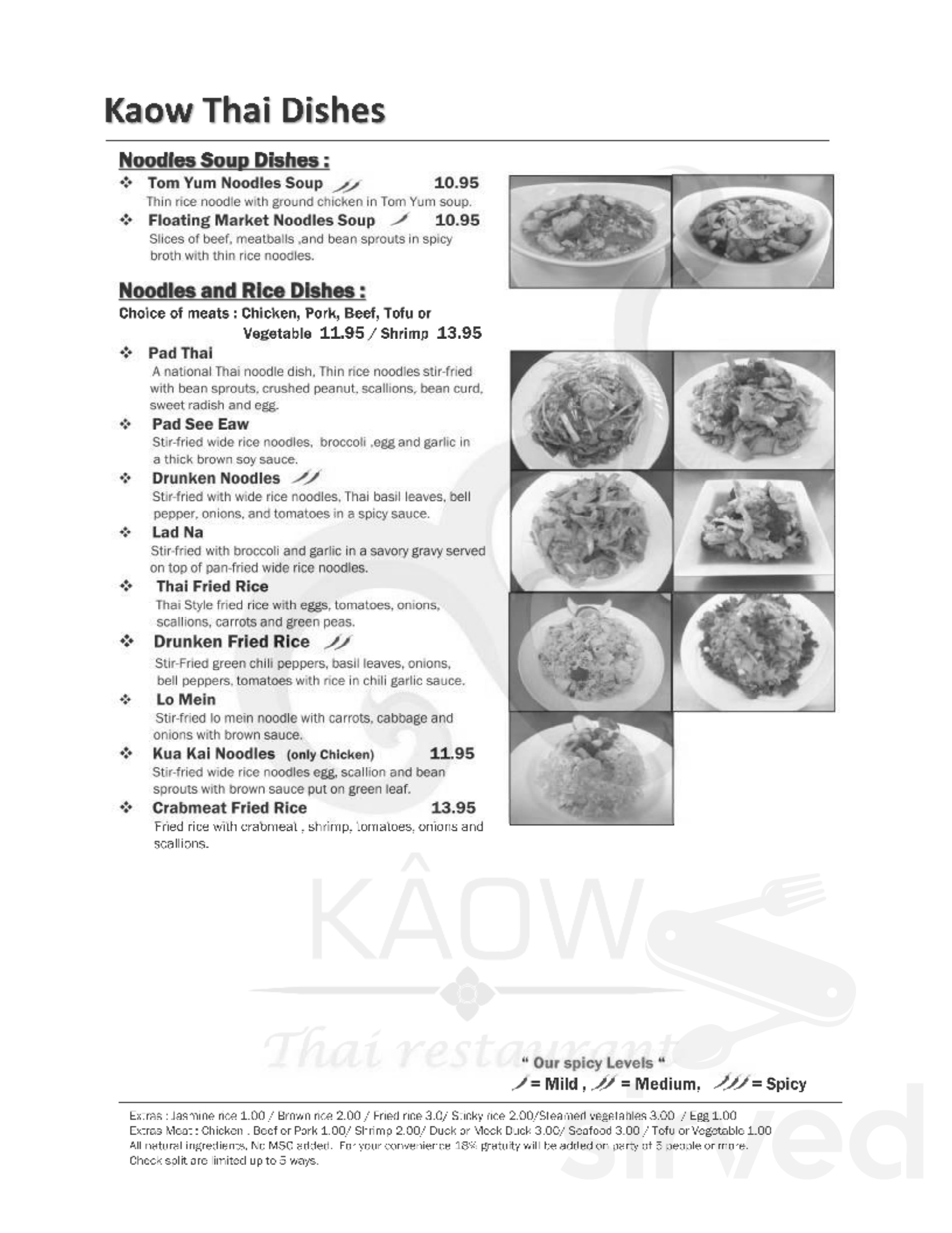 Kaow Thai menu in La Plata, Maryland, USA