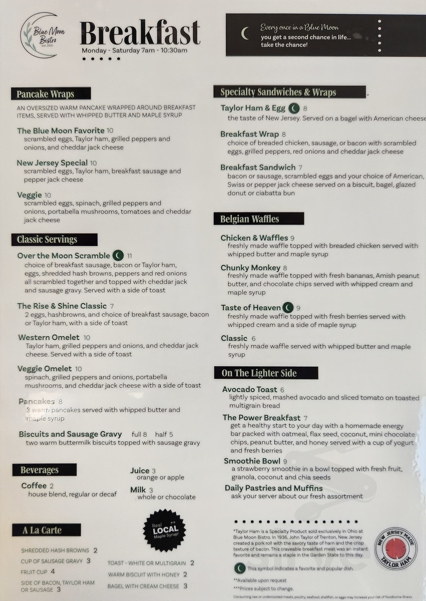 Blue Moon Bistro menu in Holmesville, Ohio, USA