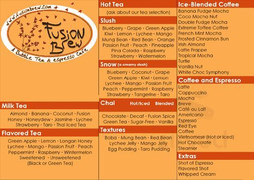 Fusion Brew menu in Normal, Illinois, USA