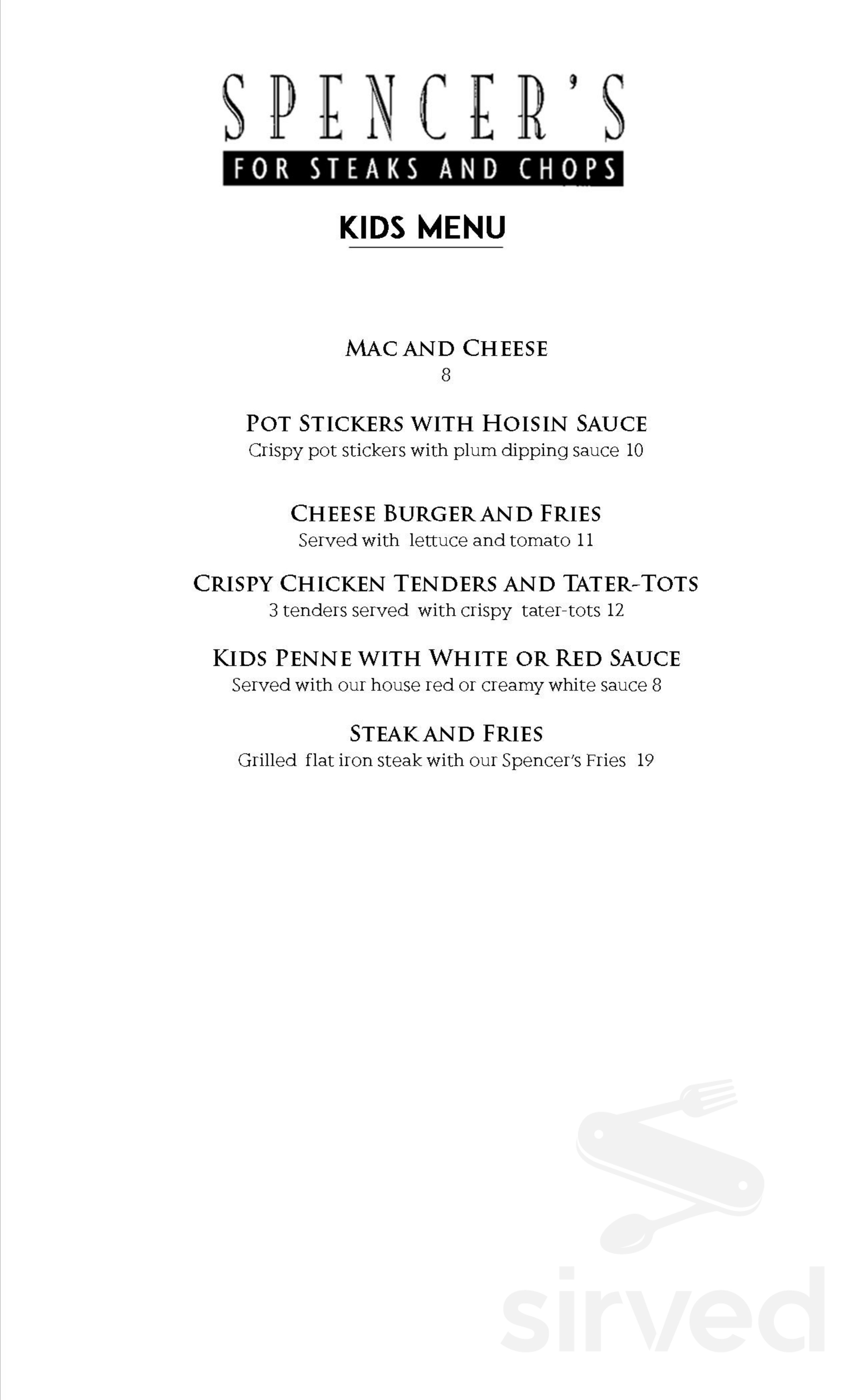 Spencer's for Steaks and Chops menu in San Jose, California, USA
