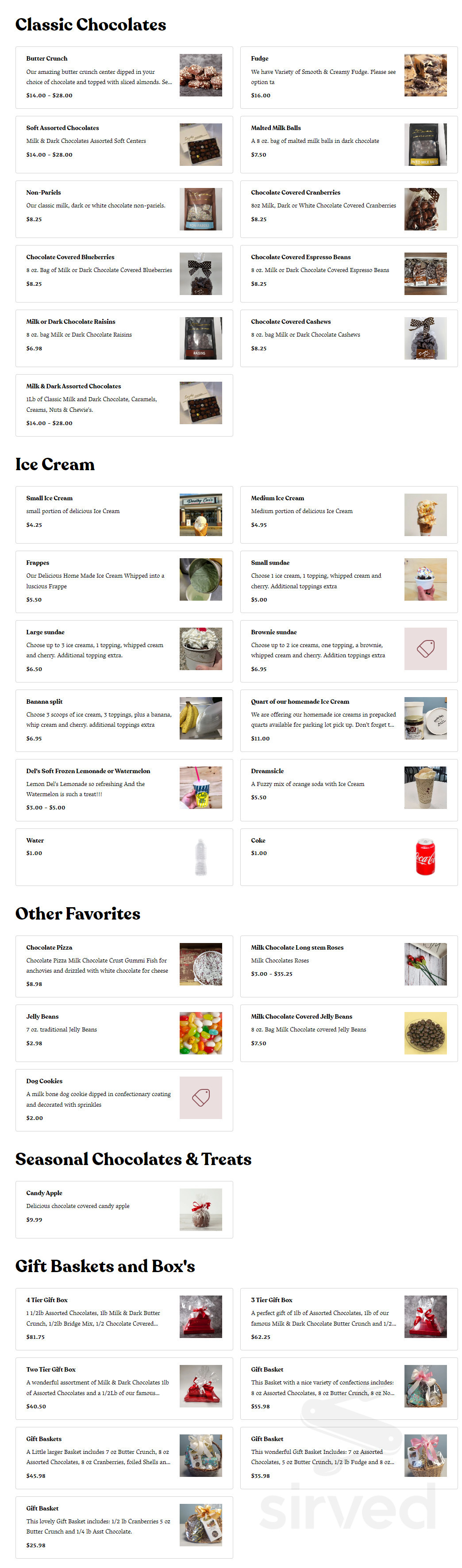 Dorothy Cox's Chocolates & Ice Cream & Del's Lemonade menu in Fairhaven ...