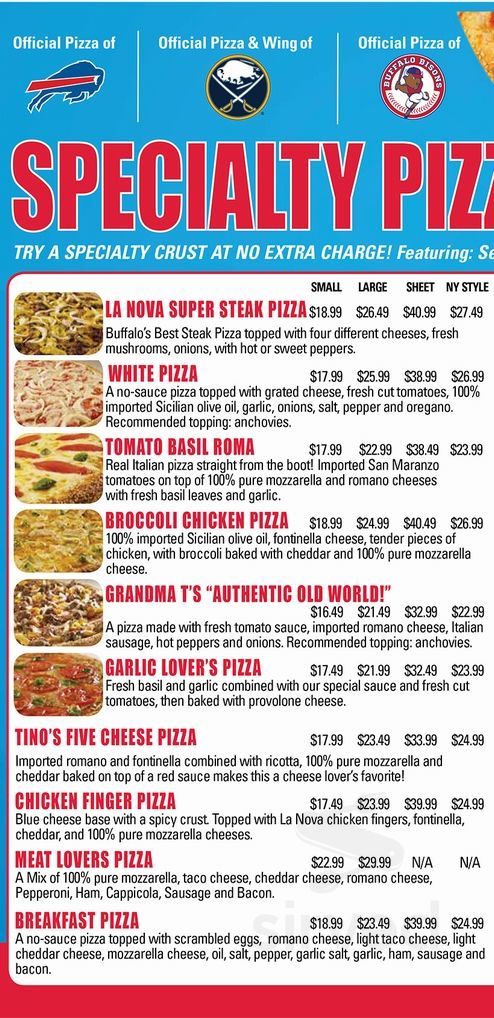 La Nova menu in Buffalo, New York, USA