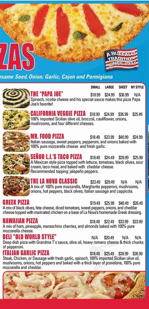 La Nova menu in Buffalo, New York, USA