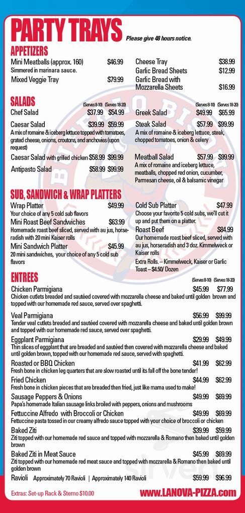 La Nova menu in Buffalo, New York, USA