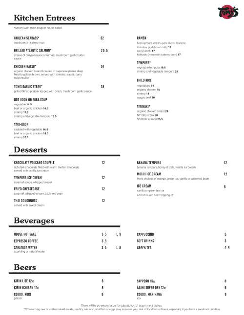 Toni's Sushi Bar menu in Miami Beach, Florida, USA