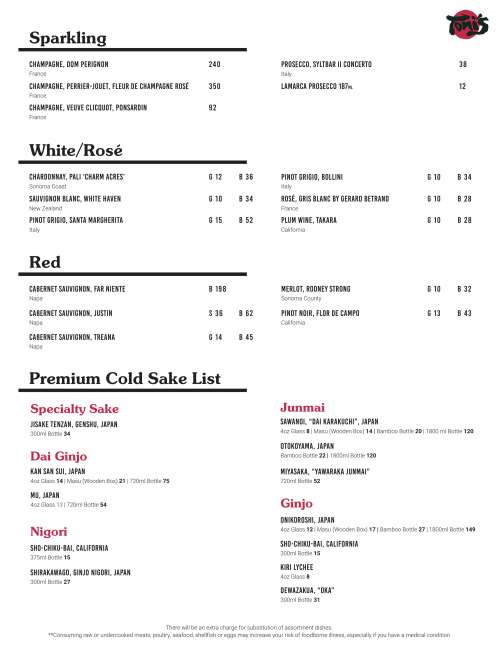 Toni's Sushi Bar menu in Miami Beach, Florida, USA
