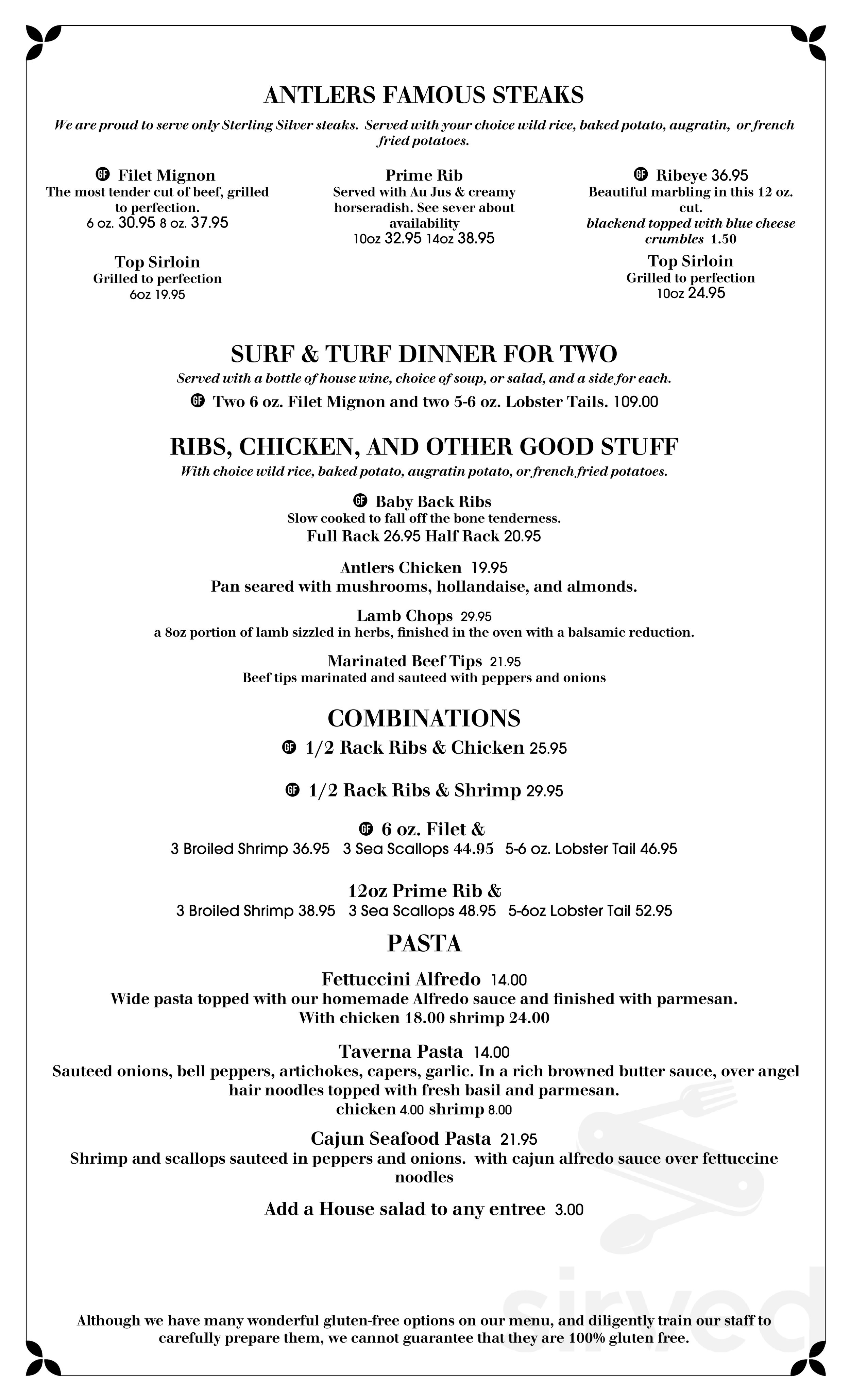 Antlers Restaurant menu in Breezy Point, Minnesota, USA