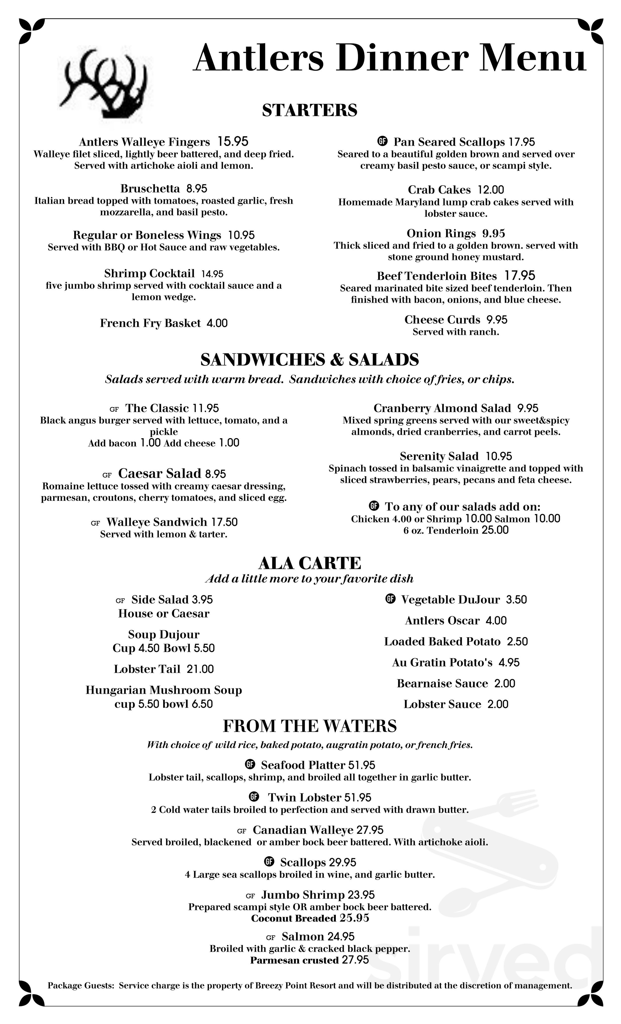 Antlers Restaurant menu in Breezy Point, Minnesota, USA